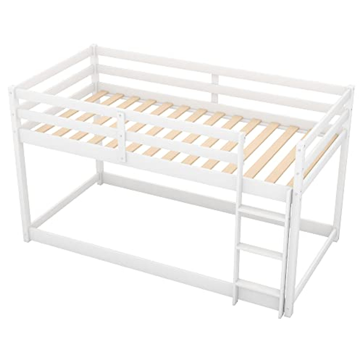 Twin Over Twin Mood Bunk Bed Frame with Safety Guard Rail and Ladder, Space-Saving, No Box Spring Needed, Noise Free (White)
