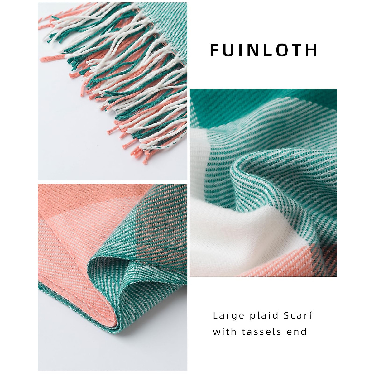 Fuinloth Women's Large Plaid Scarf Fashion Long Shawl Wrap for Winter Warm Lightweight Green Pink