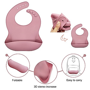 TINGGNIT 6pcs Silicone Baby Feeding Set, Silicone Bib, Toddler, Bowl, Straw Cup with Suction Baby Plate Fork&Spoon Baby Eating Supplies, Baby Plates With Suction,Baby Gifts,(Dark Pink）