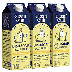 Cleancult Dish Soap Liquid Refills - Plant Based Cleaning Power - Cuts Grease & Grime - Free of Harsh Chemicals - Uses 90% Less Plastic - Lemon Verbena - 32 oz/3 Pack