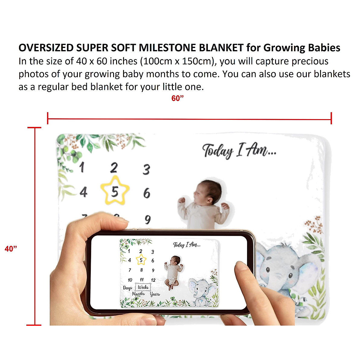 Baby Milestone Blanket, 60"x40", Baby Month Blanket for Unisex Babys, First Year Calendar Monthly Growth Chart, (Light Gray Elephant)