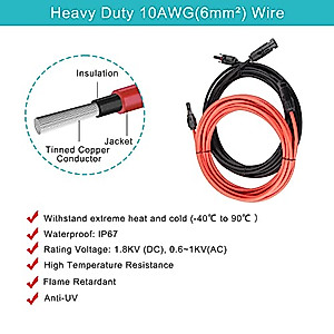 Solar Panel Extension Cable 20FT - 20Feet 10AWG(6mm²) Solar Extension Cable Wire with Female and Male Connector,10Gauge 20FT Black & 20FT Red Solar Panel Wiring for RV Solar Panels, Home, Boat