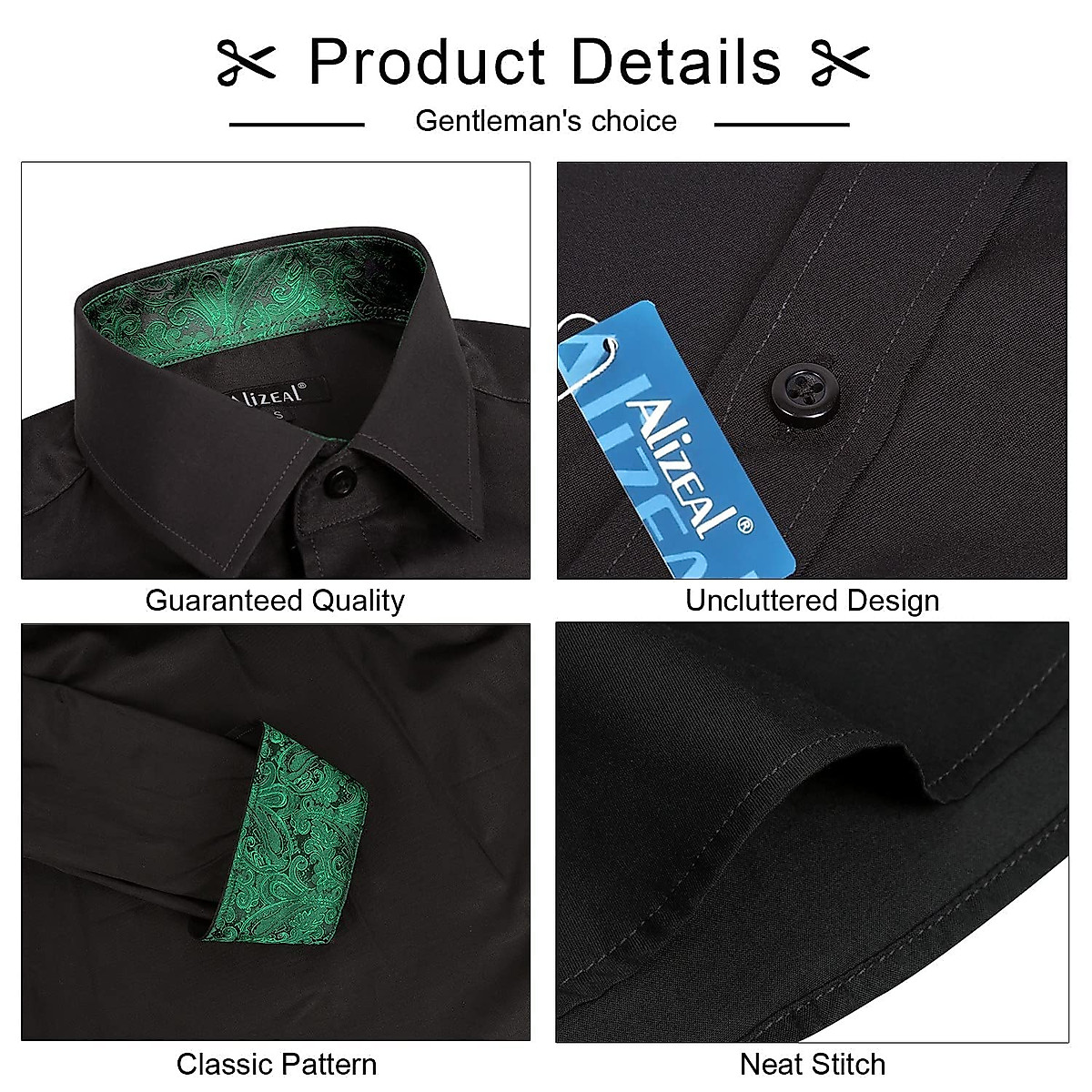 Alizeal Men's Business Slim Fit Dress Shirt Long Sleeve Patchwork Button-Down Shirt, Black and Dark Green-L