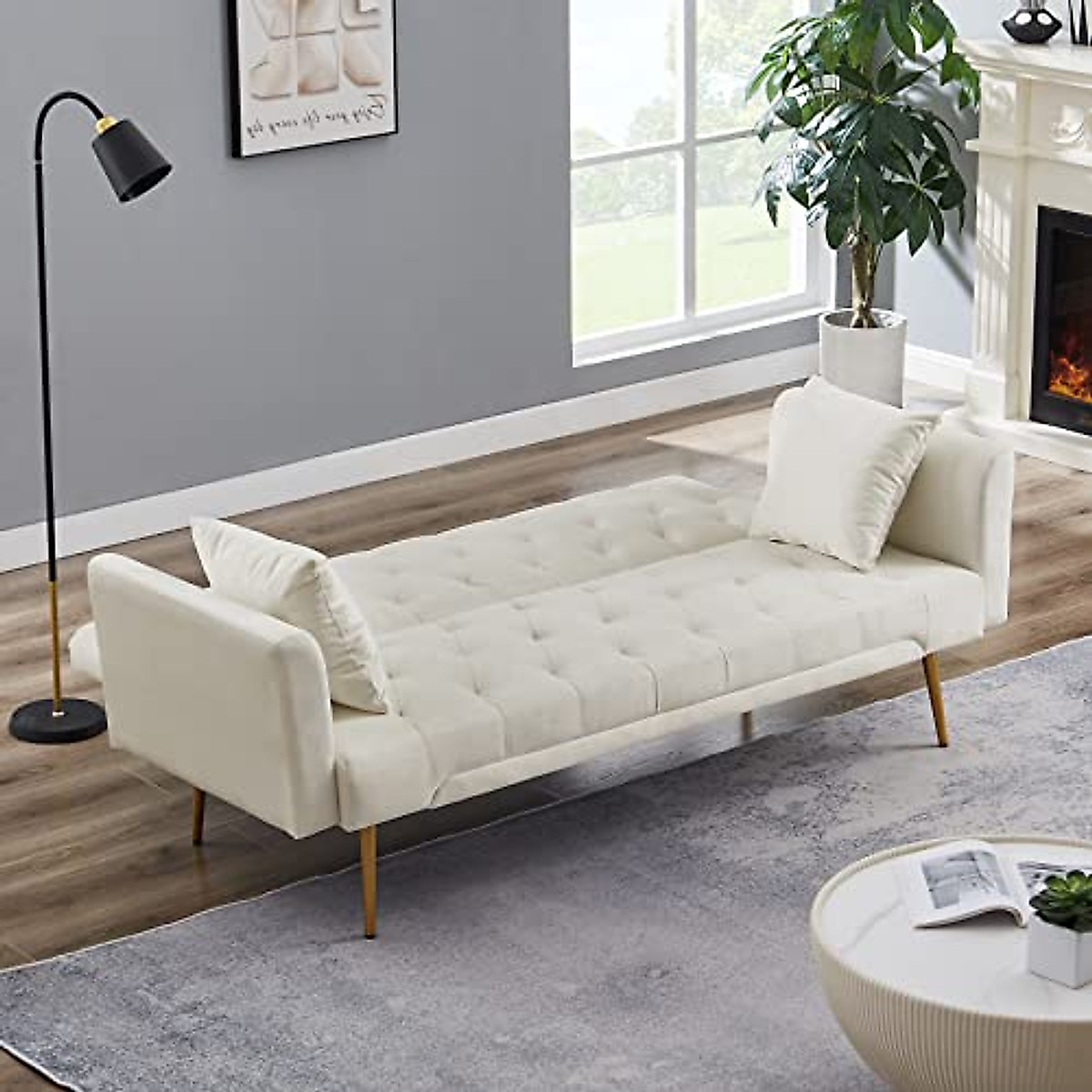 3 in 1 Loveseat Sofa Sleeper Couch Bed, 2 Seater Sofa & Couch Tufted Upholstered Adjustable Backrest Futon Convertible Sleep Daybed for Living Room Beige Velvet with 2 Pillows Metal Legs