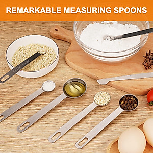 Sieqioor Durable Stainless Steel Metal Measuring Spoons Set for Dry or Liquid, Small Tablespoon, Teaspoons, Set of 7 Including Leveler, Etched Markings and Removable Clasp, Fits in Spice Jar