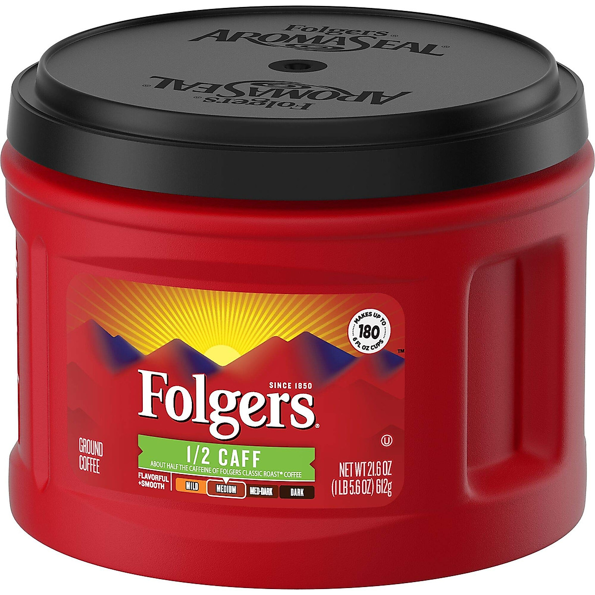 Folgers 1/2 Caff Medium Roast Ground Coffee, 21.6 Ounces (Pack of 3)