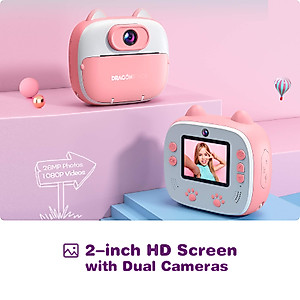 Dragon Touch Instant Print Camera for Kids, Digital Camera for Kids with Print Paper, Kids Camera with 1080P 2 Inch Color Screen, Selfie Video Camera for Kids 3-12 Years Old (Pink)