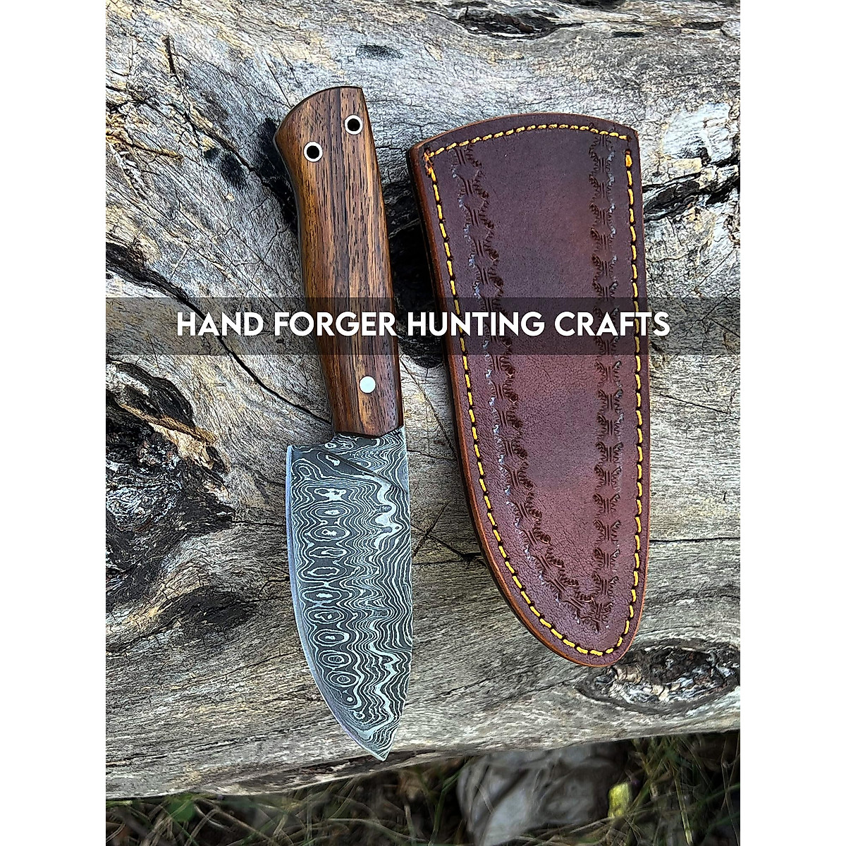 Hand Forger Hunting Crafts 10" Damascus Steel Gut Hook Full Tang Fixed Blade Hunting Knife with Sheath - Stag Horn Antler Handle (Rose Wood)