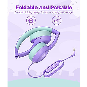 Link Dream Kids Headphones for School Girls Boys with Microphone, Volume Limiter 85/94dB Stereo 3.5.mm Jack On-Ear Folding Headphones for Kids Travel Tablet Computer (Purple)