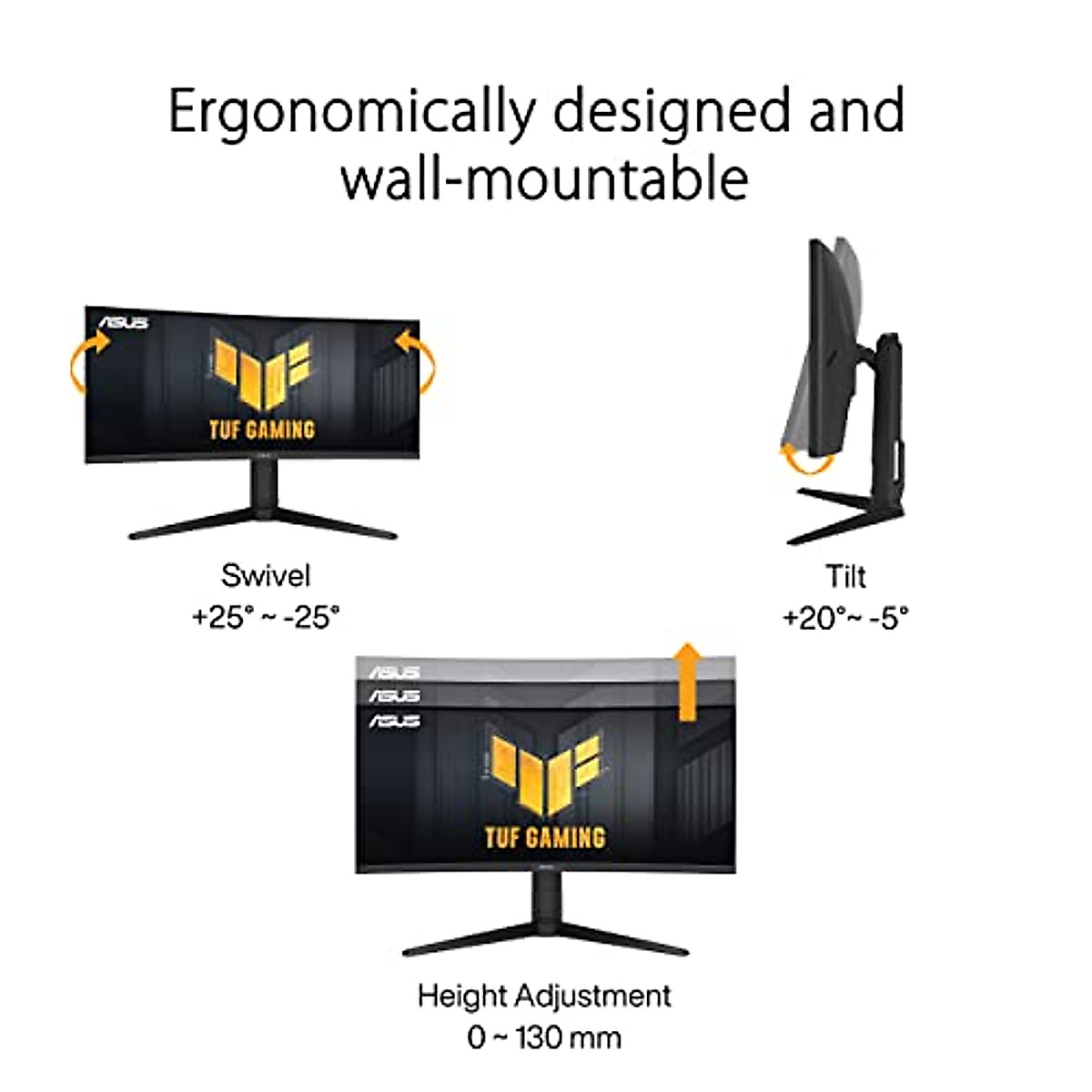 ASUS TUF Gaming 34” Ultra-Wide Curved HDR Monitor (VG34VQEL1A) - 21:9, UWQHD (3440 x 1440), 100Hz, Extreme Low Motion Blur, FreeSync, 1ms, DisplayPort, HDMI, USB, Tripod Socket, Height Adjustable