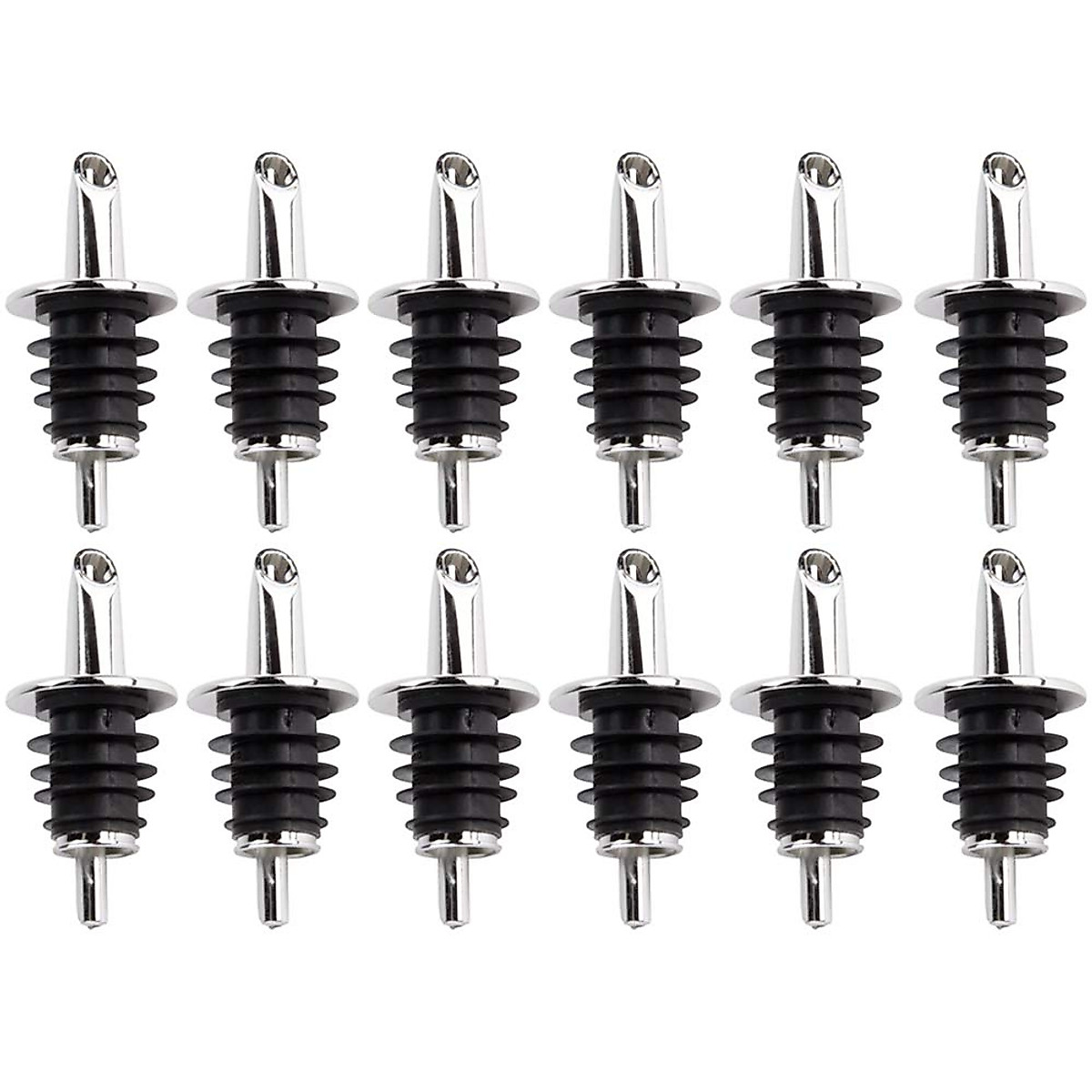 (Pack of 12) Free-Flow Liquor Bottle Pourer, Plastic Bottle Pourer with Chrome Finish, Liquor Pour Spouts by Tezzorio