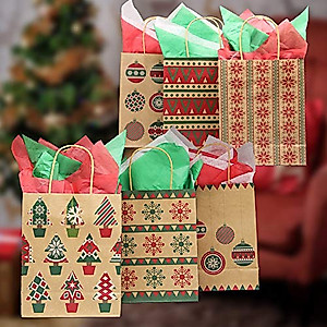 Lulu Home Christmas Paper Gift Bags with Handle, 24 Pieces Medium Christmas Kraft Paper Bags with Handle, Assorted Christmas Prints for Party Favors