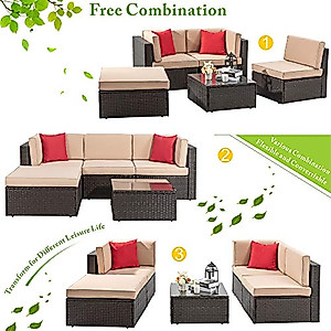 Vongrasig 5 Piece Patio Furniture Sets, All-Weather Brown PE Wicker Outdoor Couch Sectional Patio Set, Small Patio Conversation Set Garden Patio Sofa Set w/Ottoman, Glass Table, Red Pillow, Beige