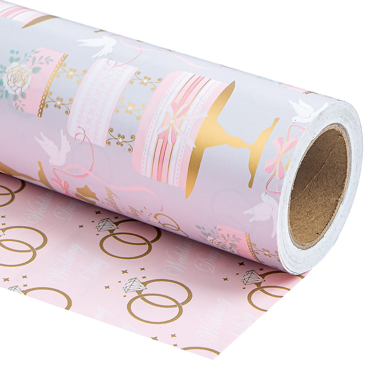 WRAPAHOLIC Reversible Wedding Wrapping Paper Roll - Mini Roll - 17 Inch X 33 Feet - Wedding Day Cake Floral and Ring Design, Perfect for Wedding, Bridal Shower