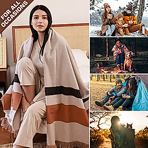 ZonLi Herringbone Striped Wool Blanket with Fringe, 50"x60" Warm Washable Wool Throw Blanket for Military, Camping, Outdoors, Emergency Kits, All Season Use(Oat)