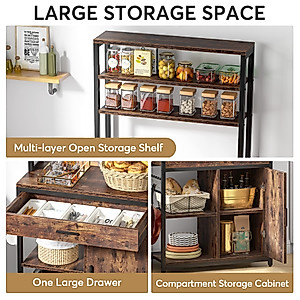 LITTLE TREE Bakers Racks for Kitchen with Cabinet, Large Capacity Microwave Stand with Drawers, 6-Tier Kitchens Utility Storage Shelves with Side Hooks, Rustic Brown