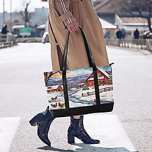 Snowy Christmas Painting Farmhouse Laptop Tote Bag for Women Canvas Teacher Tote Bags Travel Work Bag Handbags Purse Zipper