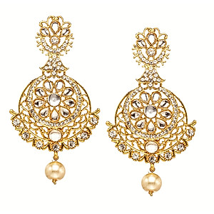 Bindhani Bollywood Fashion Kundan Stone Indian Drop Earrings With HeadPeice Maang Tikka Set For Women (Gold)