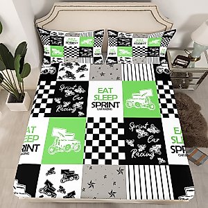 Eat Sleep Sprint Fitted Sheet Twin Size Race Car Green White Bedding Set Set for Kids Teens Adults Speed Sports Car Bed Sheet Set Extreme Sports Bed Cover Room Decor 2Pcs with 1 Pillow Case