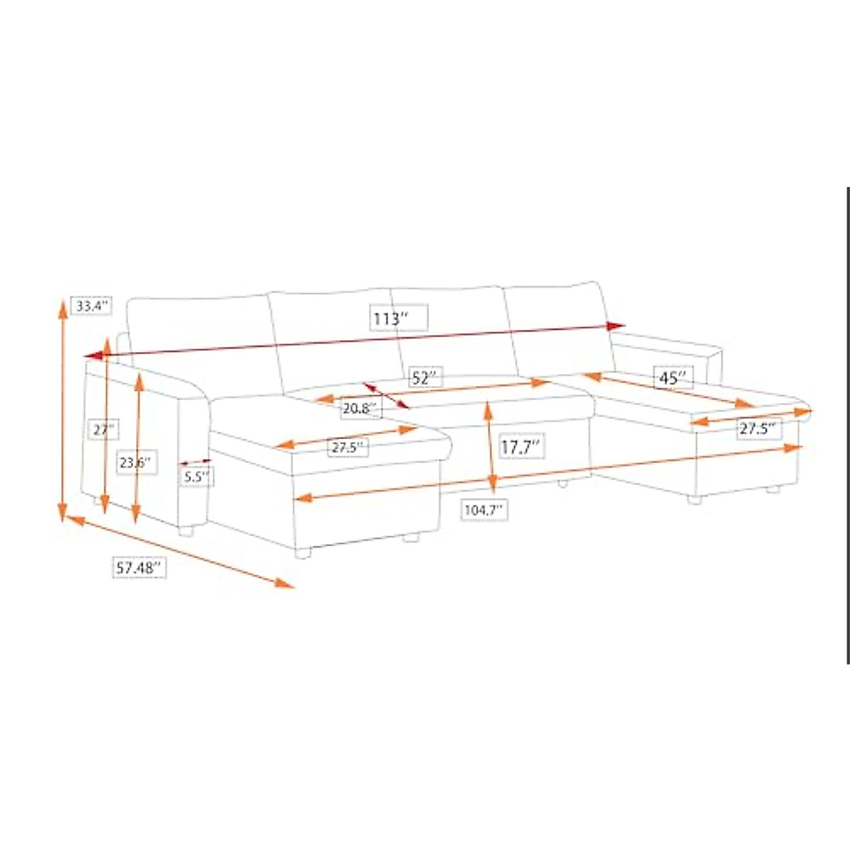 U Shaped Convertible Sectional Sofa with Double Chaise and Pull Out Bed , Fabric Upholstered Reversible Corner Couch Sleeper Sofabed w/ Storage , 5 Seater Sofacama with Throw Pillows for Living Room
