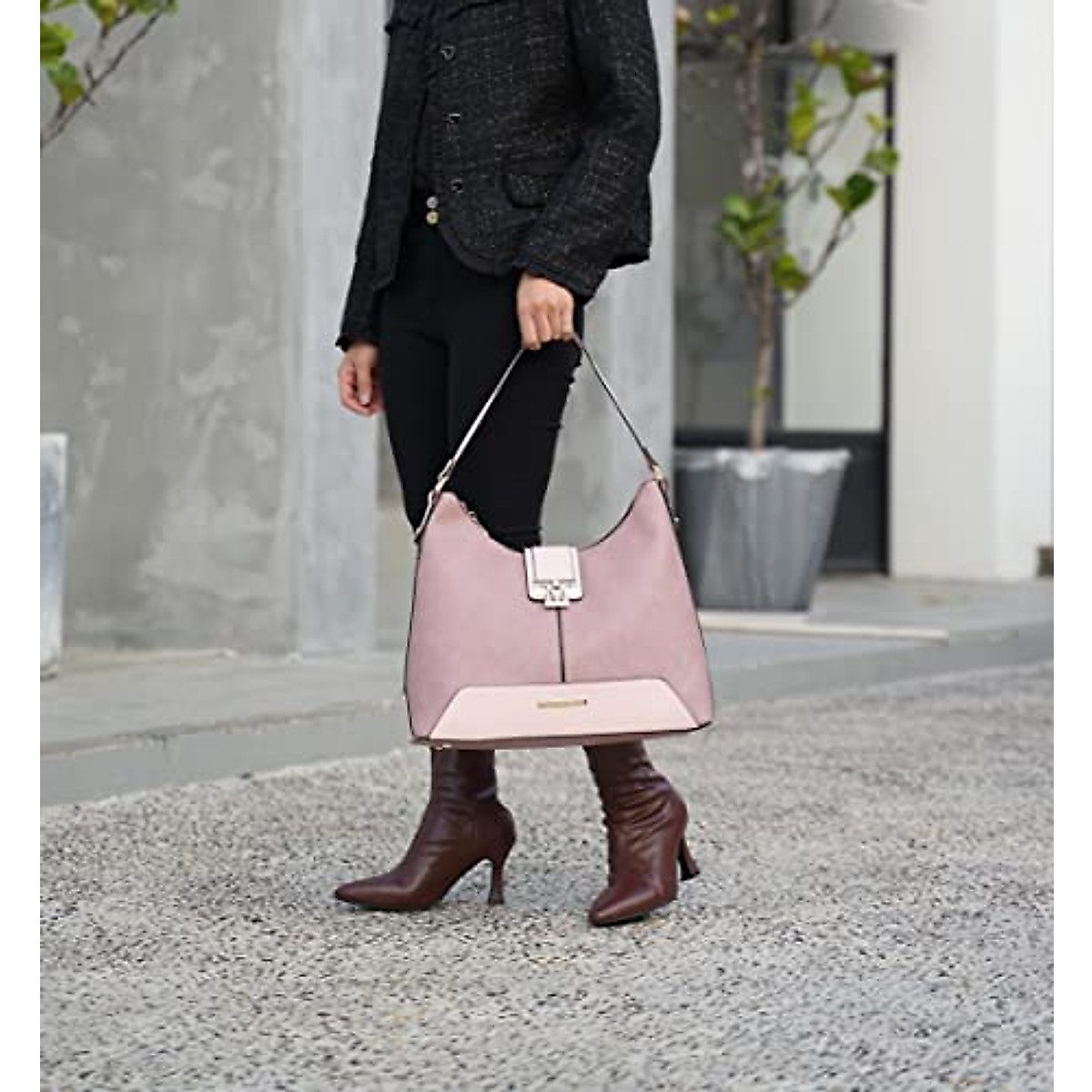 MKF Set Hobo Bag for Women & Wristlet Wallet – PU Leather Designer Handbag Purse – Shoulder Strap Lady Pocketbook White-Light Grey