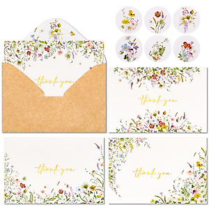 Crisky 4 Assorted Gold Foil WildFlowers Thank You Cards, (50 Cards with Envelopes for Birthday, Baby Shower, Bridal Shower, Wedding, All Occasion)