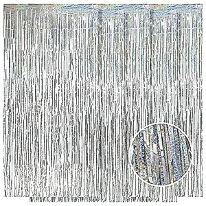 5 Pack Silver Fringe Curtain Backdrop 3.2ft x 8.2ft Metallic Tinsel Foil Fringe Streamers for Photo Booth Props Background Birthday Party Decorations Wedding Christmas Halloween Decorations (Silver)