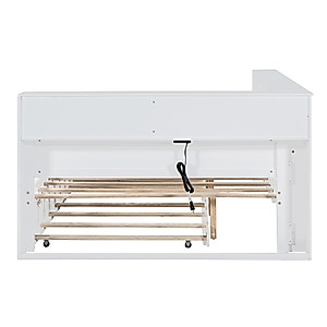 DEINPPA Full Size Platform Bed with L-Shaped Bookcase and Trundle, Wooden Captain Bed Frame with Bookcase Headboard for Kids Teens Boys Girls, No Box Spring Needed-White