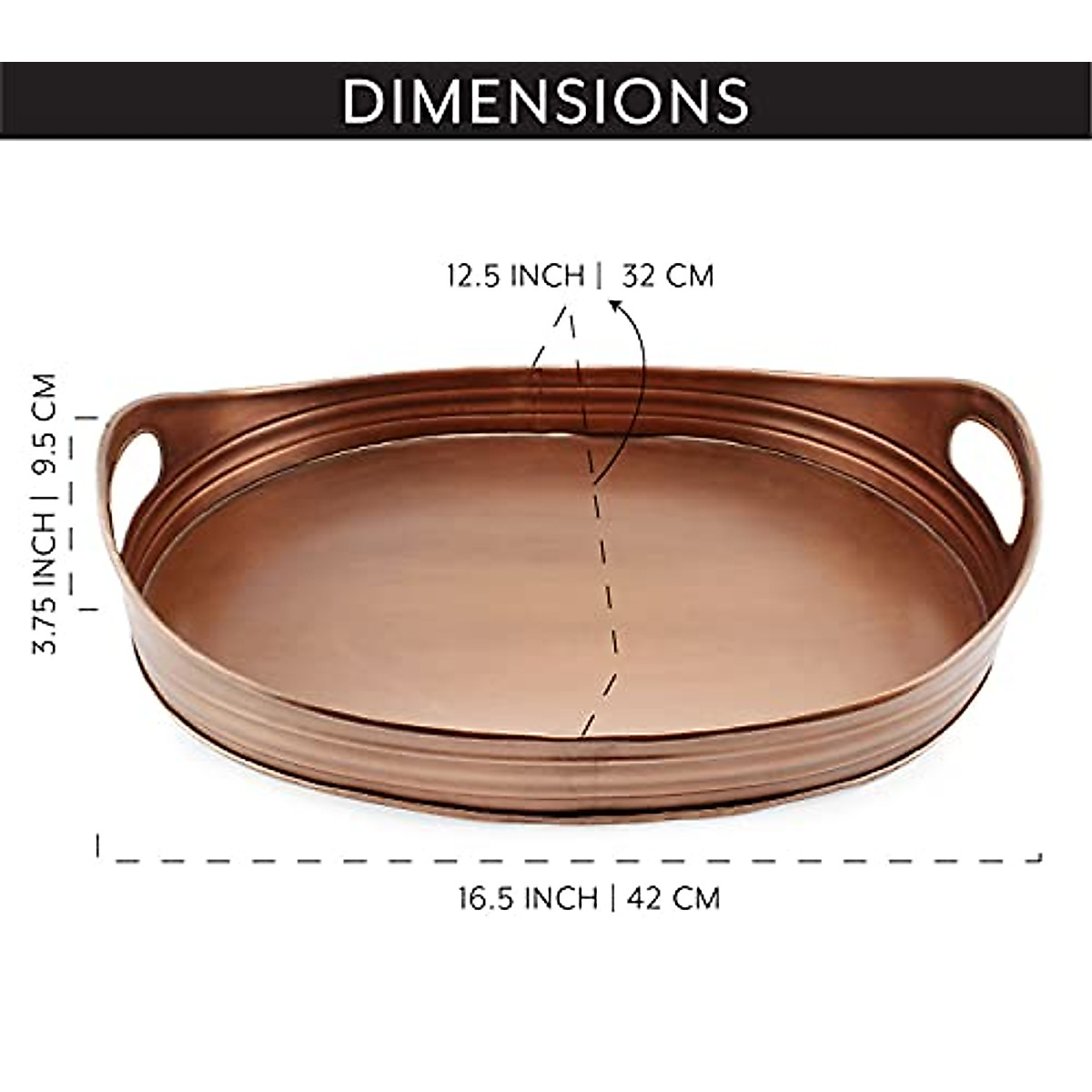 AuldHome Rustic Oval Copper Tray (16.5 x 12.5 Inches); Farmhouse Metal Decorative Serving Tray