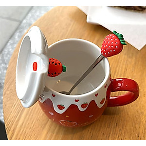 Mozacona Ceramic Mug Strawberry Love Coffee Cup Water Cup with Strawberry Lid and Spoon