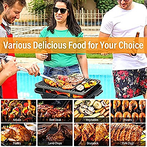 Happygrill Charcoal Grill Portable Barbecue Smoker Grill, Cast Iron Hibachi Grill with Double-sided Grilling Net Air Regulating Door Fire Gate for Outdoor Cooking Camping Hiking Party