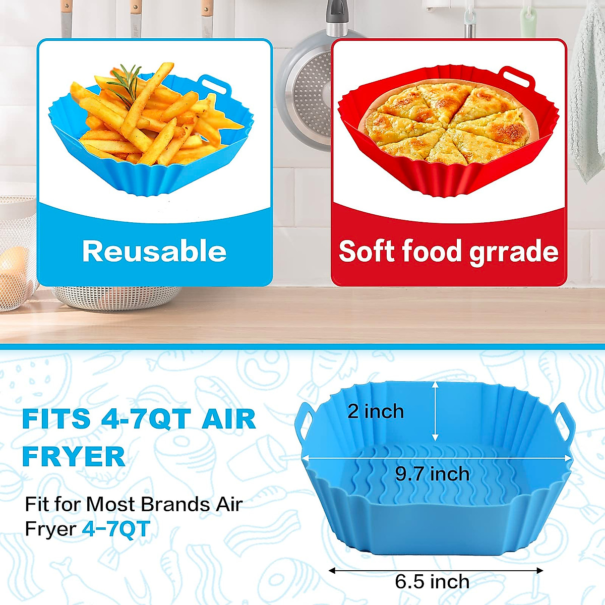 4 Pack Silicone Air Fryer Liners, Reusable Air Fryer Basket Bowl for 4 to 7 QT, Replacement of Flammable Parchment Paper, 8in Square Baking Tray Pots, Easy to Clean for Oven Accessories(4 Colors)