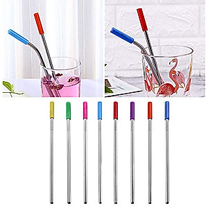 Connoworld Reusable Stainless Steel Straws Kit Tools, Includes 2 Straight Drinking Straws + 2 Bent Drinking Straws + 1 Cleaning Brush + 4 Detachable Silicone Tips Covers Purple