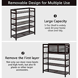 Kinsuite Shoe Rack Organizer 5-Tier Bamboo Shoe Shelf Free Standing Adjustable Shelves with 12 Hooks for Entryway Closet Bedroom, Dark Brown