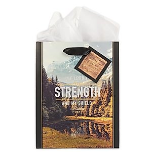 Christian Art Gifts Portrait Scenic Landscape & Valley Portrait Gift Bag w/Tag & Tissue Paper Set for Men & Women: The Lord is My Strength - Psalm 28:7 Bible Verse, Black & Gold Multicolor, Medium