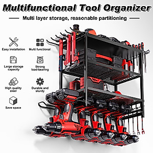 CATCHLUCK Power Tool Organizer Power Tool Storage 6 Drill Holder Wall Mount, Heavy Duty Metal Power Tool Rack 4 Layer 12 Hooks Tool Organizer