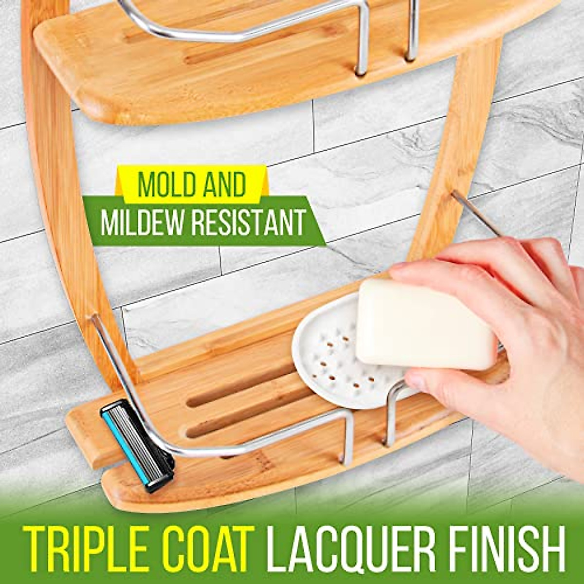 SereneLife Bamboo Hanging Shower Caddy - 2 Tier Wood Rustproof Waterproof and Natural Bamboo Bathroom Wall Organizer with Stainless Steel Shelf Rack for Shampoo, Conditioner and Soap Storage