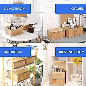 Bamboo Decorative Storage Boxes With Lids - Nesting Rectangular Lidded Box for Organization - Stackable Basket with Cloth Liner - Organizer for Toys, Home, Office - Woven Basket - Set of 3