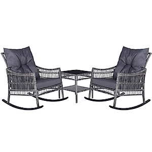 Yardenaler 3 Pieces Outdoor Rattan Rocking Bistro Set with Cushions, Patio Wicker Furniture Set with Rocker Chair & Glass Coffee Table, Conversation Set for Porch, Balcony, Backyard, Grey