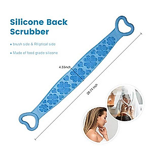 Silicone Back Scrubber for Shower, YUSERBO Silicone Bath Body Brushes, Heart-Shaped Handle and Lucky Four Leaf Clover Double Side Brush, Exfoliating Body Scrubber, Deep Clean and Relax Body Blue