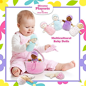 June Garden My First Basket Plush Baby Doll Set - Includes 1 Basket and 4 Multicultural Soft Plush Babies with Emotional Expressions for Infants and Toddlers Birth and Up