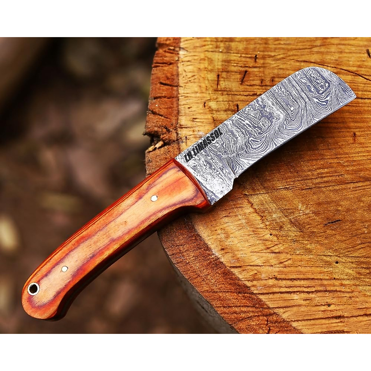 LH LIMASSOL Custom Handmade Damascus steel Bull cutter knife , cowboy knives with pancake leather sheath