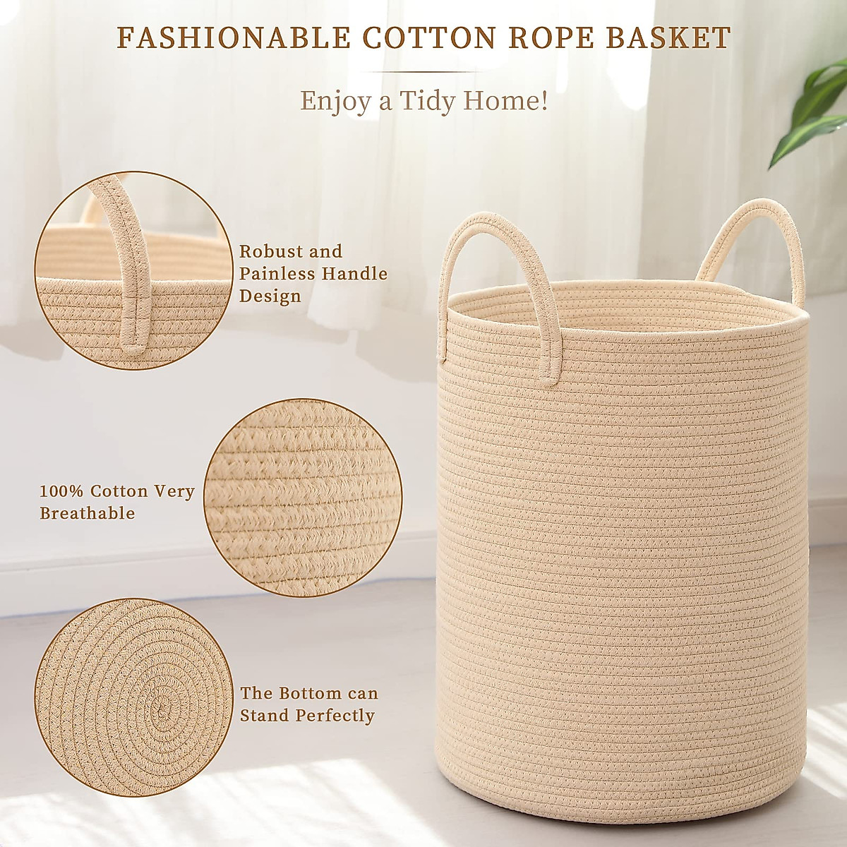 Large Laundry Basket Woven Cotton Rope Laundry Hamper 15" x 19.6" Woven Baby Laundry Basket for Blankets Toys Storage Basket Natural cotton thread clothing sorting basket