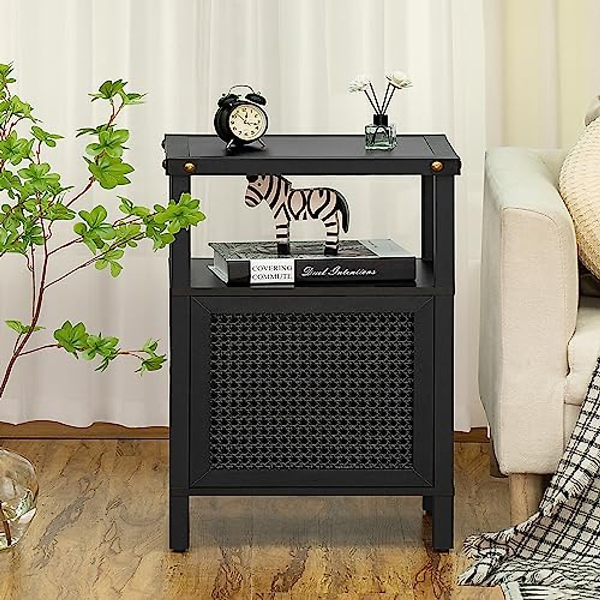 Lerliuo Rattan Nightstand, Side End Table with Handmade Natural Rattan Door and Open Shelf, Wood Accent Night Stand with Storage, Mid Century Modern Bedside Table for Bedroom, Living Room (Black)