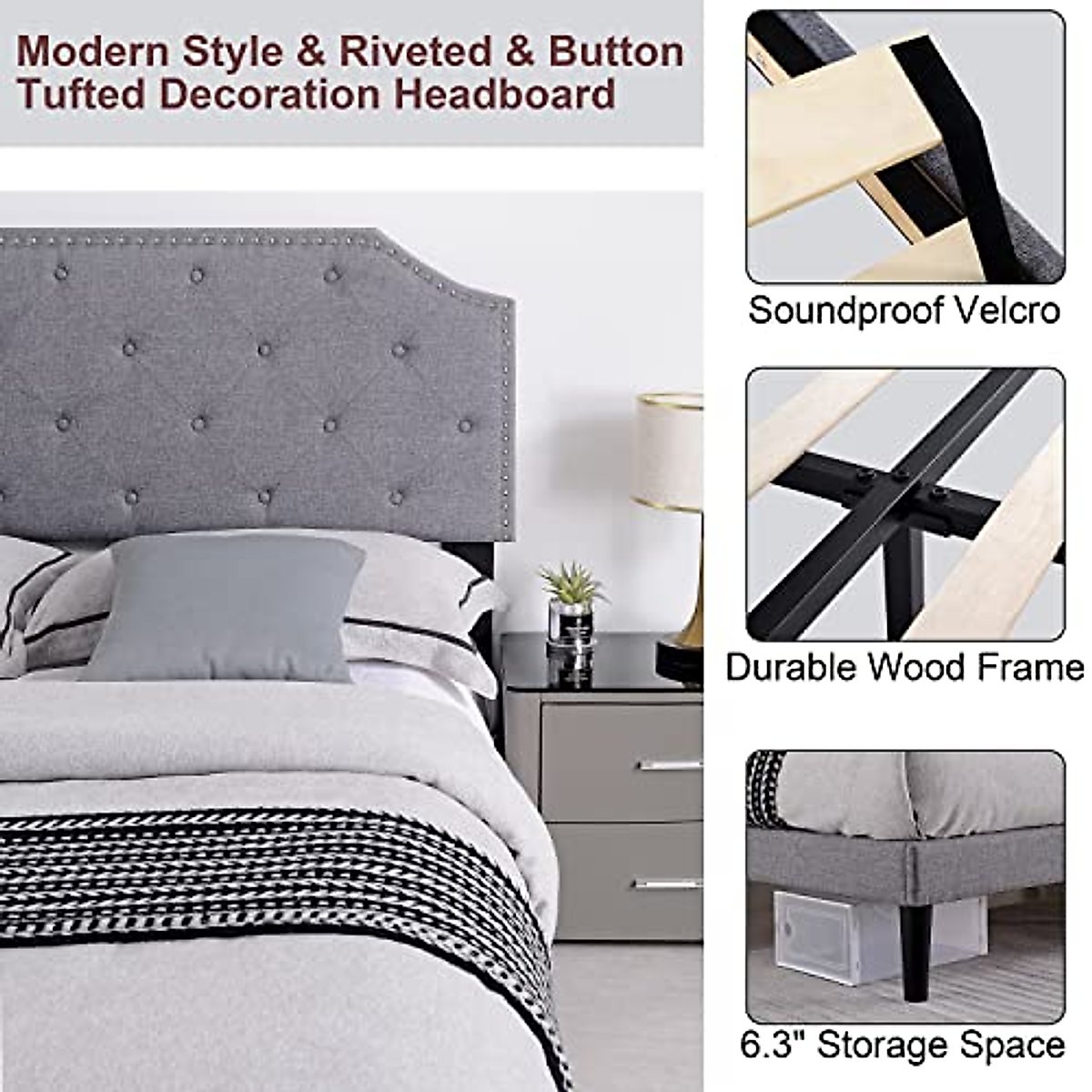 QZhommer Full Size Bed Frame, Modern Upholstered Platform Bed with Adjustable Button Tufted & Riveted Headboard with Wood Slat Support, Easy Assembly, No Box Spring Needed(Grey)