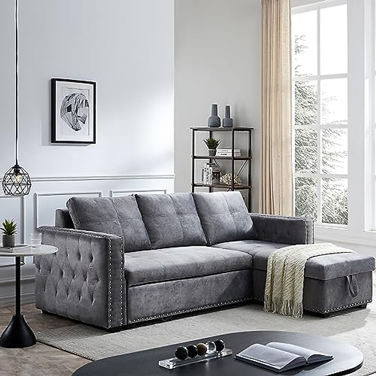 Morden Fort Sleeper Sectional Sofa [Large Size] Reversible Storage L-Shape Chaise 3 Seat Sectional Couch with Put Out Bed Velvet Gray