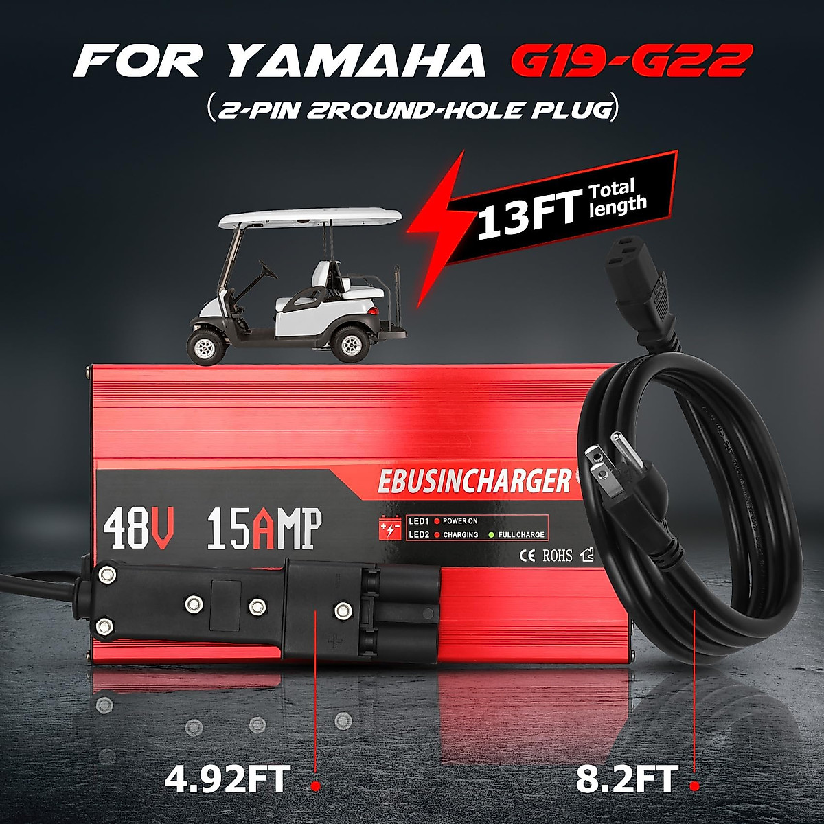 48 Volt Golf Cart Battery Charger Compatible with Yamaha G19-22 Models-with 2-pin 2round-Hole Plug.15 Amp Smart Charger with Trickle Charge, 6-8 Hours Full Charge.
