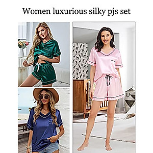 SWOMOG Womens Short Sleeve Satin Pajama Set Silk Pjs Lounge Set V Neck Two Piece Loungewear Sets Cute Cozy Sleepwear Rose Pink