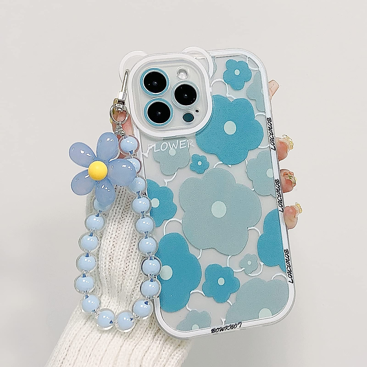 NITITOP Compatible for iPhone 13 Pro Max Case Clear Flower Floral Camera with Lovely Bracelet Chain Bear Lens Case for Women Girls, Shockproof Protective Soft TPU Cover - Blue