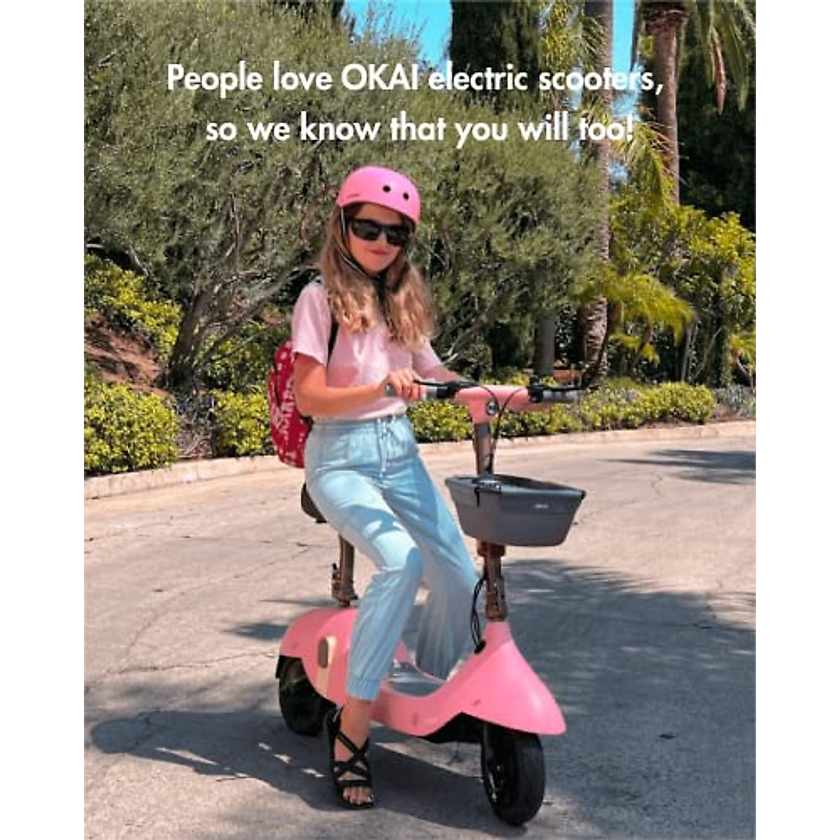 OKAI EA10 Electric Scooter with Seat, Up to 25 Miles Range & 15.5MPH, Moped Scooter Bike for Adults with 10 Inch Vacuum Tires(Pink)